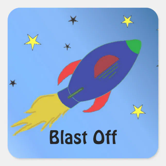 Rocket Ship Blasting Off Square Sticker | Zazzle