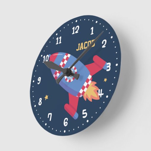 Rocket Ship Checkered, Outer Space, Kids Room Round Clock | Zazzle