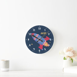 Rocket Ship Checkered, Outer Space, Kids Room Round Clock | Zazzle