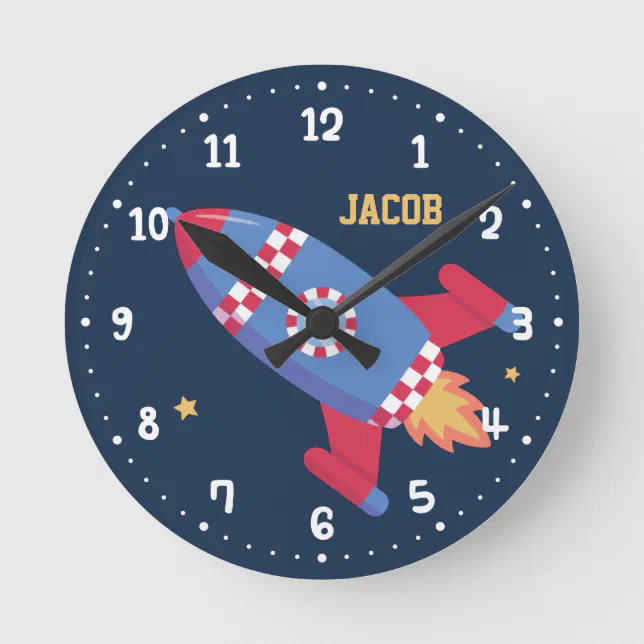 Rocket Ship Checkered, Outer Space, Kids Room Round Clock | Zazzle