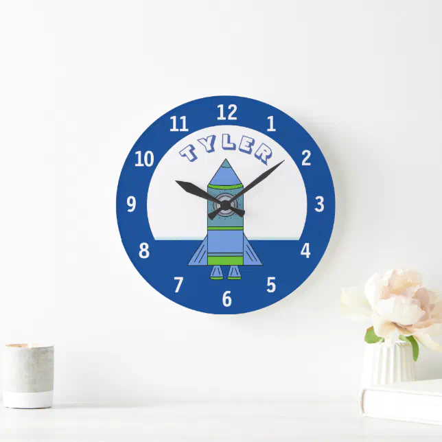 Rocket Ship Drawing Space Kid's Name Large Clock | Zazzle
