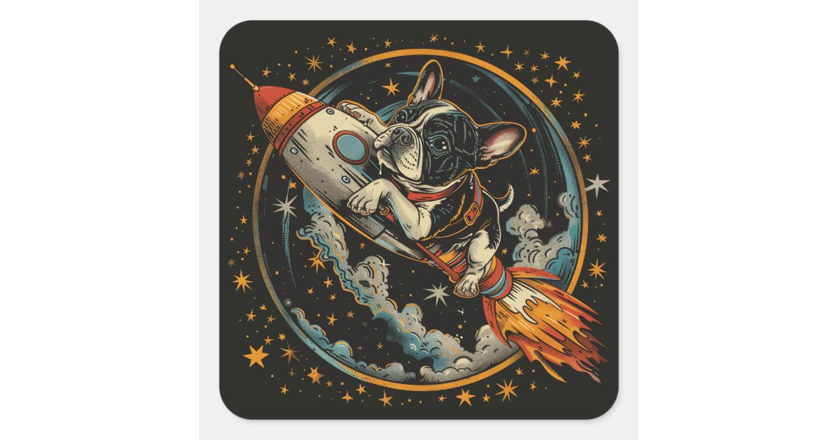 Rocket Ship French Bulldog Astronaut Square Sticker | Zazzle
