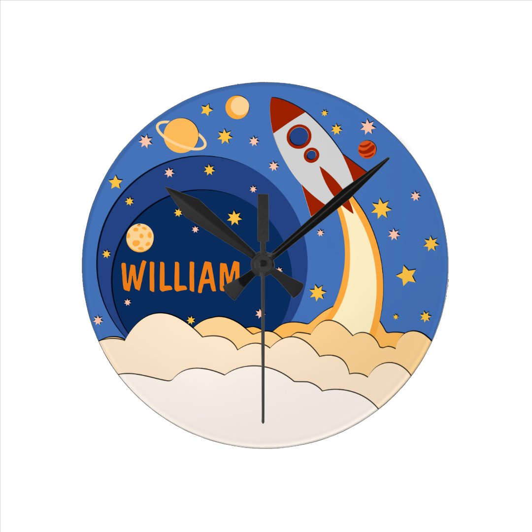 Rocket ship In Space Cute Personalized Nursery Round Clock | Zazzle