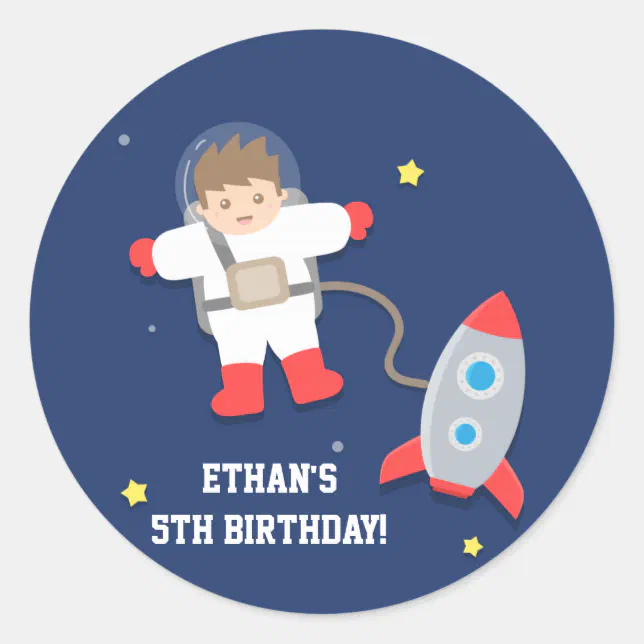 Rocket Ship Outer Space Astronaut Birthday Party Classic Round Sticker ...