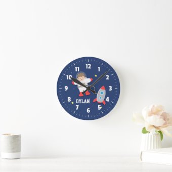 Rocket Ship Outer Space Little Astronaut Boys Room Round Clock | Zazzle