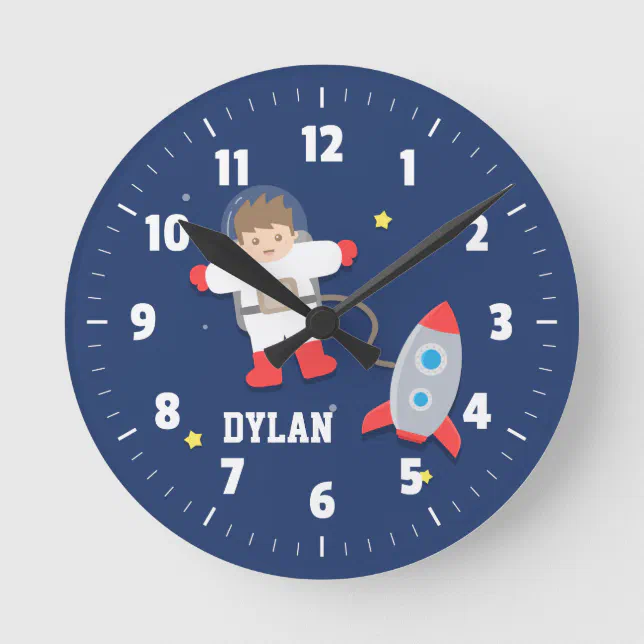 Rocket Ship Outer Space Little Astronaut Boys Room Round Clock | Zazzle