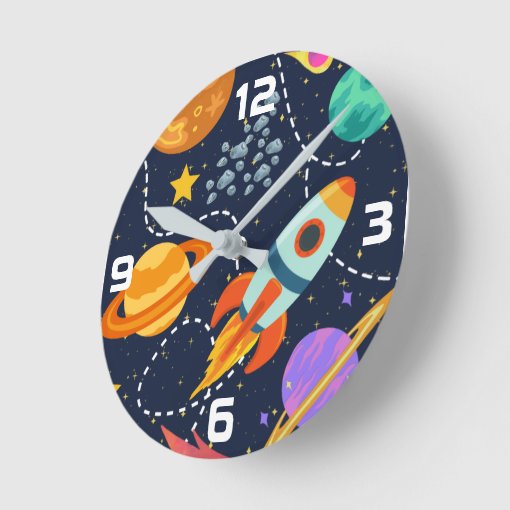 Rocket Ship Outer Space Planets Astronaut Nursery Round Clock | Zazzle