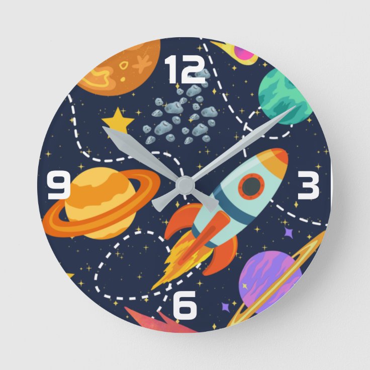 Rocket Ship Outer Space Planets Astronaut Nursery Round Clock | Zazzle