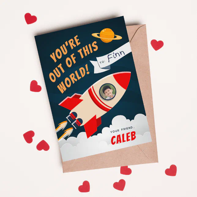 Rocket Ship Photo Classroom Valentine's Day Card | Zazzle