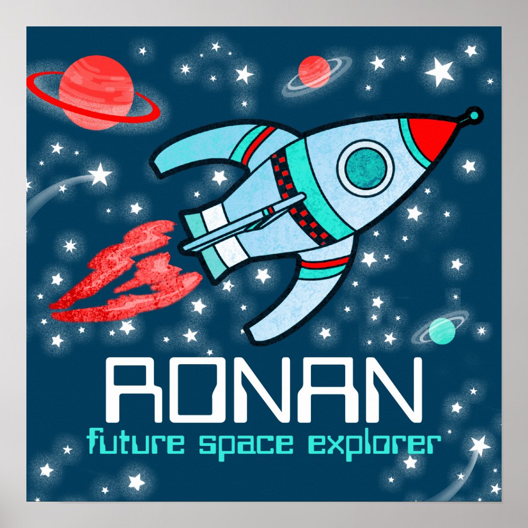 Rocket space boys blue red personalized poster | Zazzle