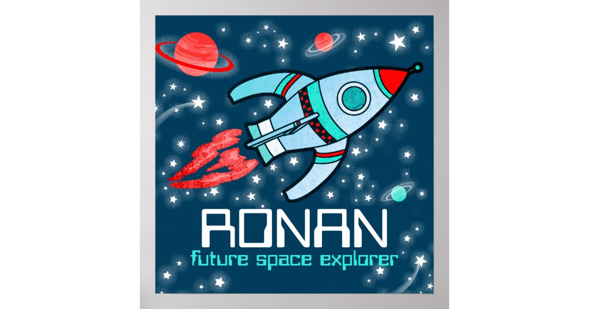 Rocket space boys blue red personalized poster | Zazzle