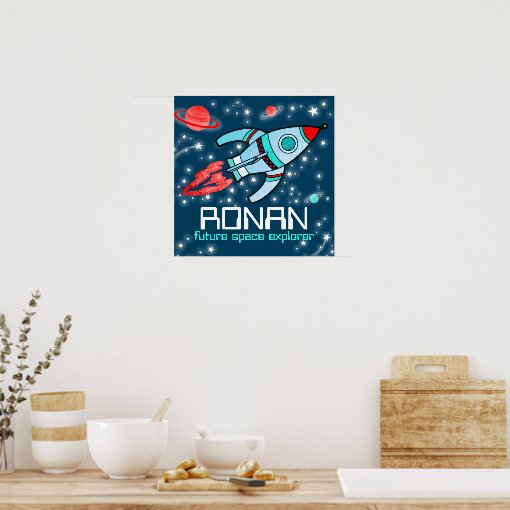 Rocket space boys blue red personalized poster | Zazzle