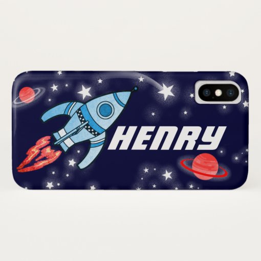 Rocket space navy personalized name iphone case | Zazzle