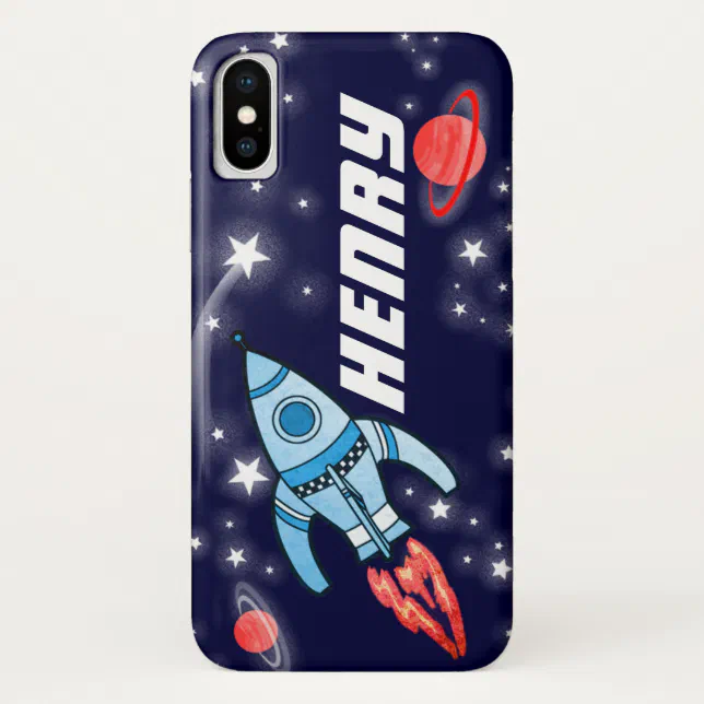 Rocket space navy personalized name iphone case | Zazzle