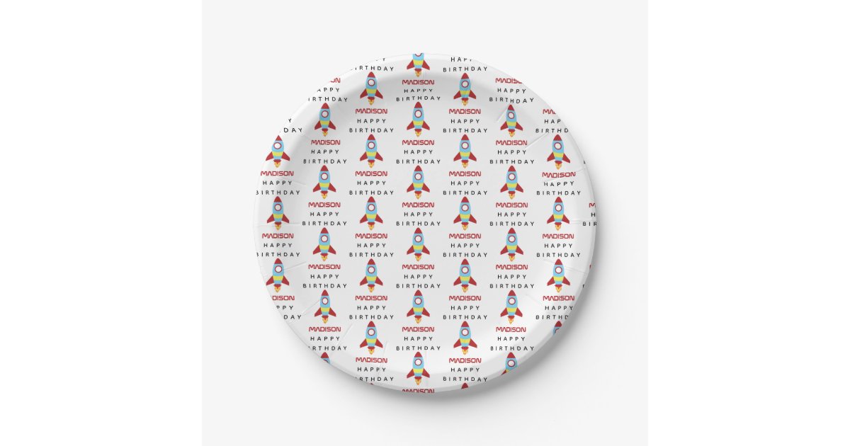 Rocket Spaceship Launching Custom Name Birthday Paper Plates | Zazzle