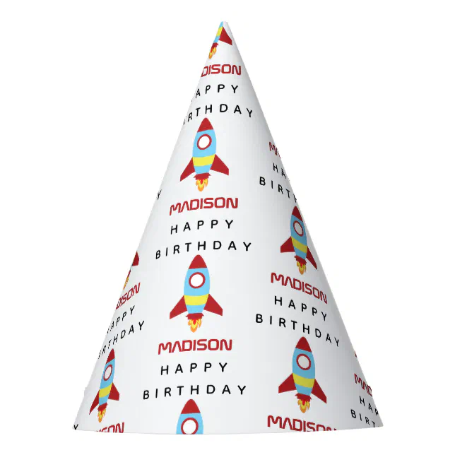 Rocket Spaceship Launching Custom Name Birthday Party Hat | Zazzle