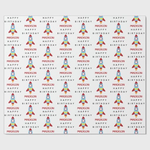 Rocket Spaceship Launching Custom Name Birthday Wrapping Paper | Zazzle