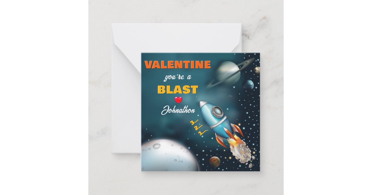 Rocketship Blast Off Kids Classroom Valentine Card | Zazzle
