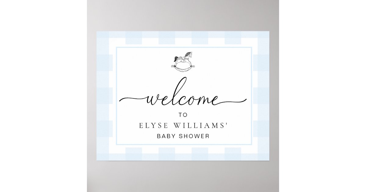 Rocking Horse Blue Gingham Welcome Poster | Zazzle