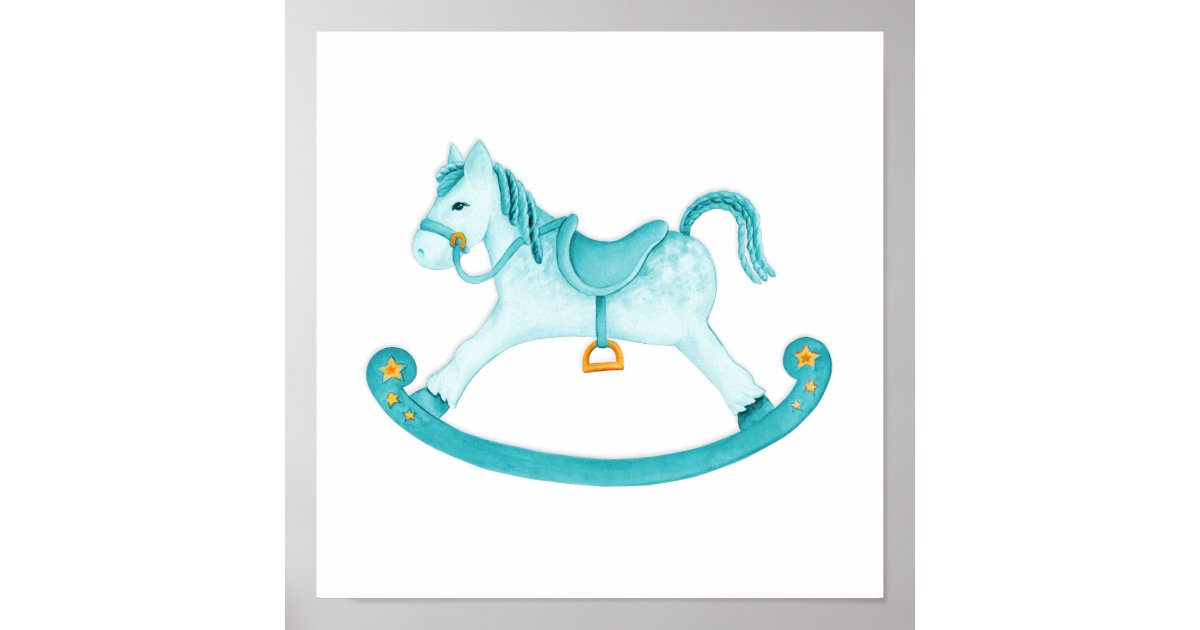 Rocking horse watercolor art kids nursery poster | Zazzle