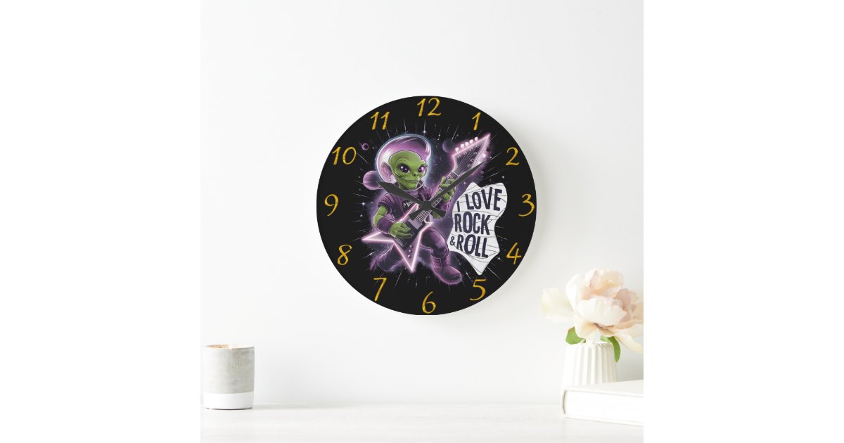 Rocking out cartoon green-skinned space alien large clock | Zazzle
