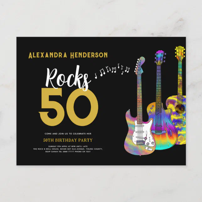 Rocks 50 Guitar 50th birthday party Invitation Postcard | Zazzle