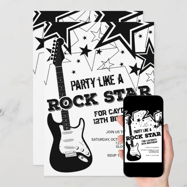 Rockstar guitar black and white birthday invitation | Zazzle
