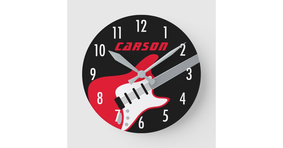 Rockstar Red and Black Guitar Monogram Name Kids Round Clock | Zazzle