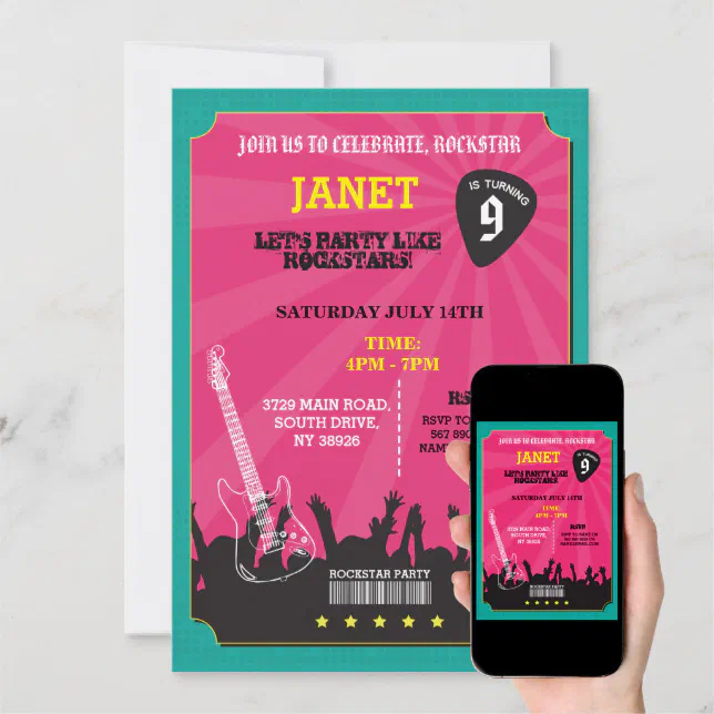 Rockstar Rock Music Gig Guitar Pick Party Invite | Zazzle