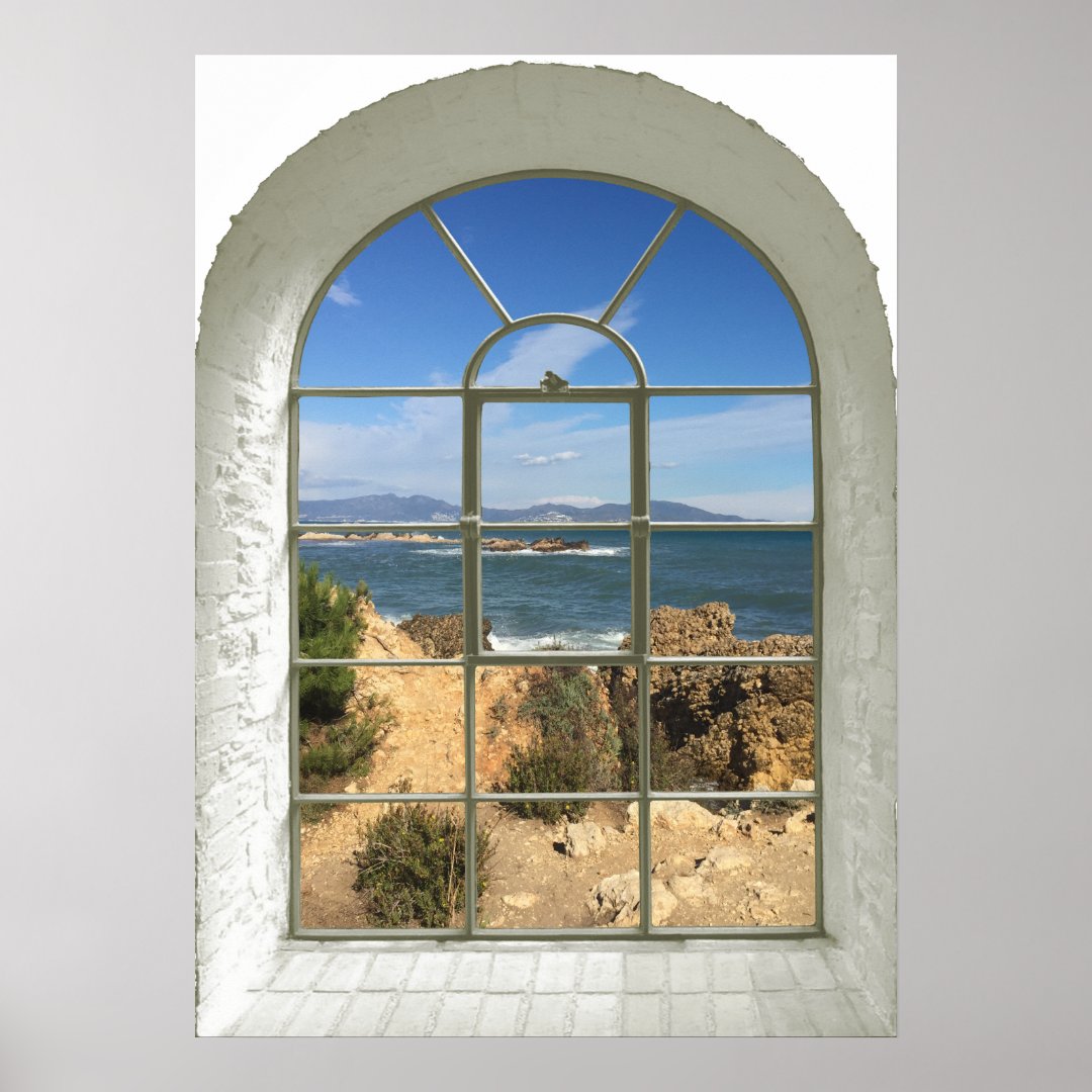Rocky Beach Ocean View Curved Fake Window Poster | Zazzle