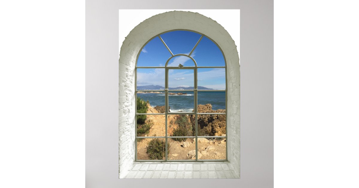 Rocky Beach Ocean View Curved Fake Window Poster | Zazzle