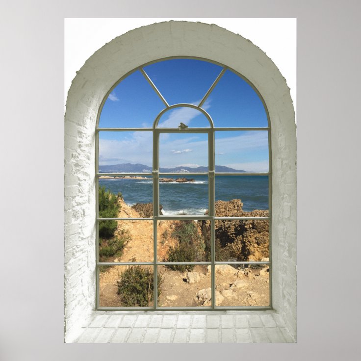 Rocky Beach Ocean View Curved Fake Window Poster | Zazzle