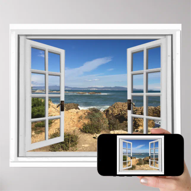 Rocky Beach Ocean View Fake Window Poster | Zazzle
