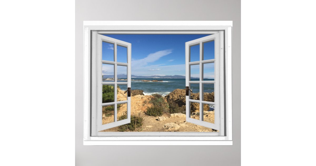 Rocky Beach Ocean View Fake Window Poster | Zazzle