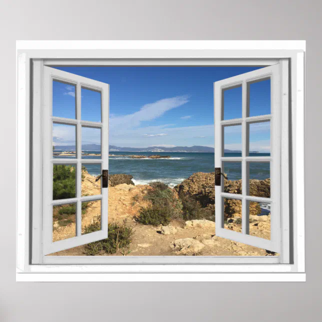 Rocky Beach Ocean View Fake Window Poster | Zazzle