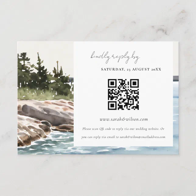 Rocky Pine Mountain Seascape Wedding QR Code RSVP Enclosure Card | Zazzle