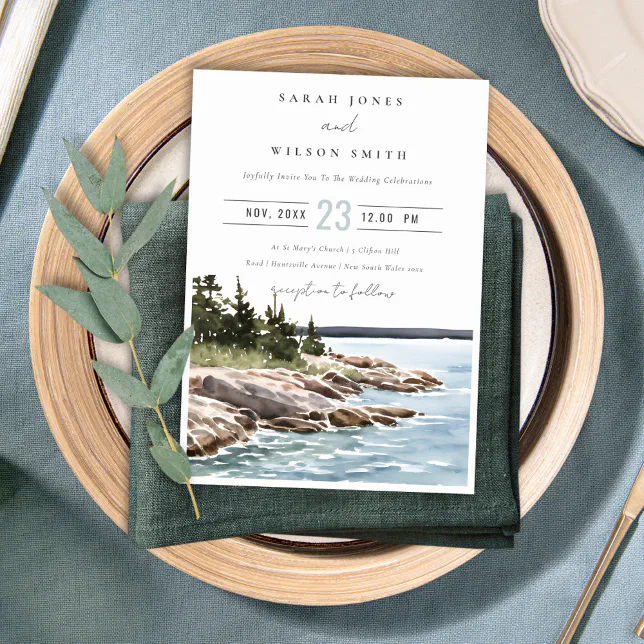 Rocky Pine Mountain Watercolor Seascape Wedding Invitation | Zazzle