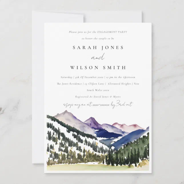 Rocky Snow Pine Mountain Landscape Engagement Invitation | Zazzle