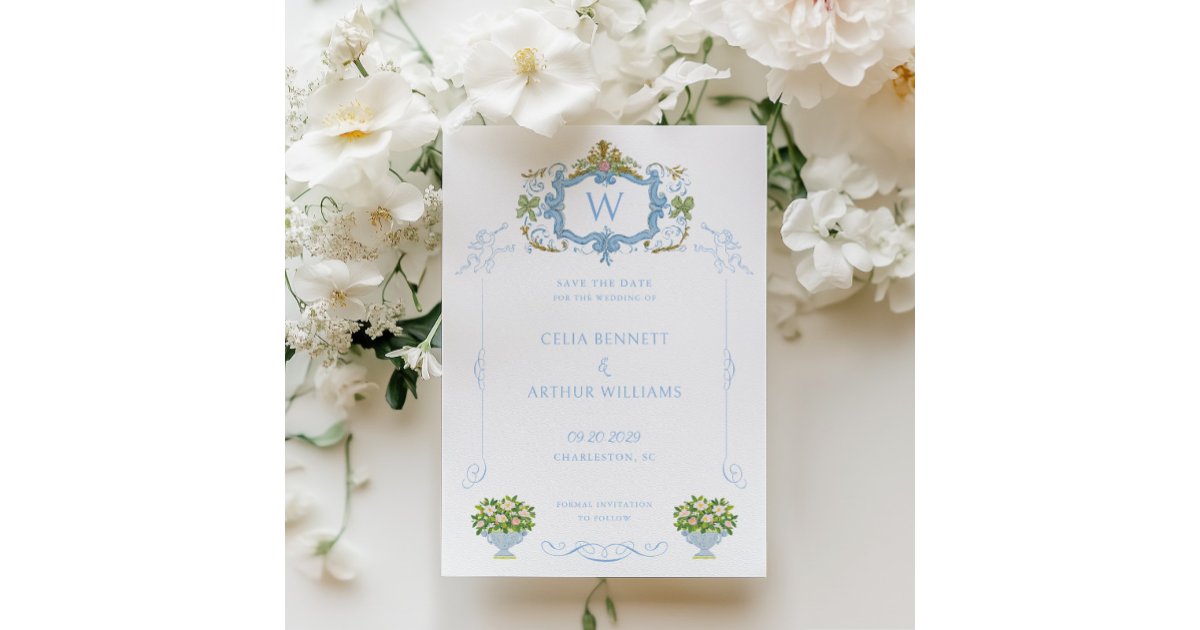 Rococo Blue Monogram Crest Wedding Save The Date | Zazzle