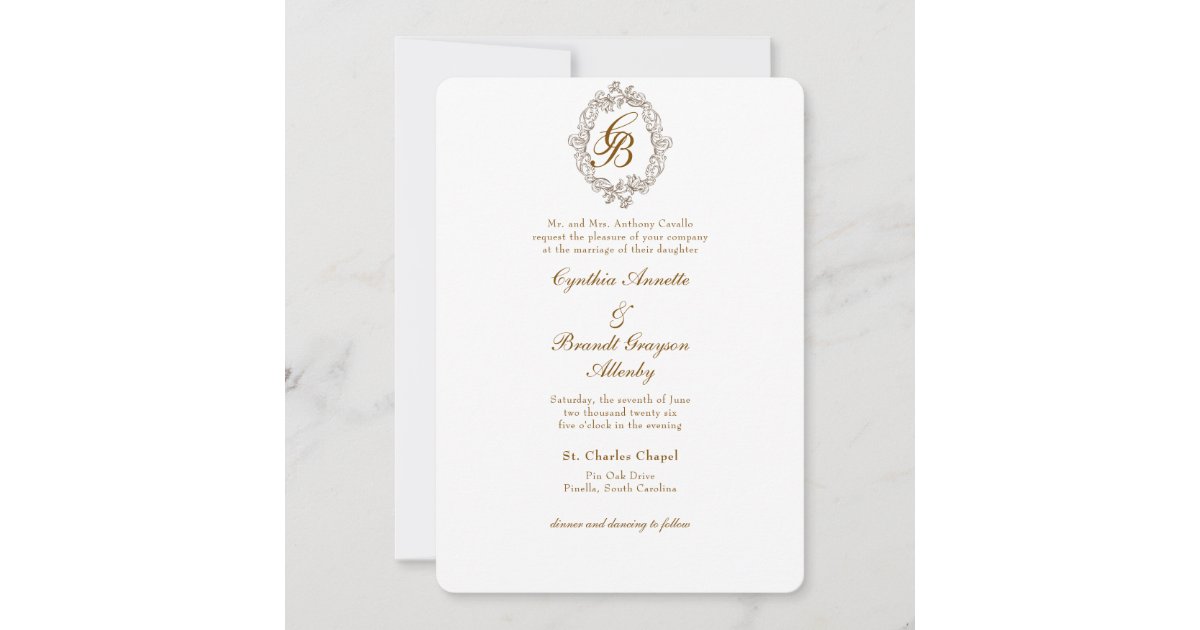 Rococo Crest Mocha Monochrome Monogram Invitation | Zazzle