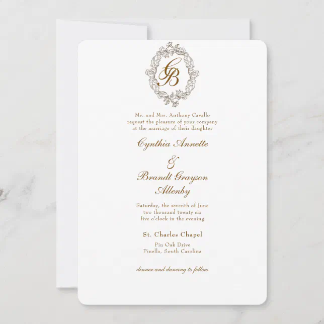 Rococo Crest Mocha Monochrome Monogram Invitation | Zazzle