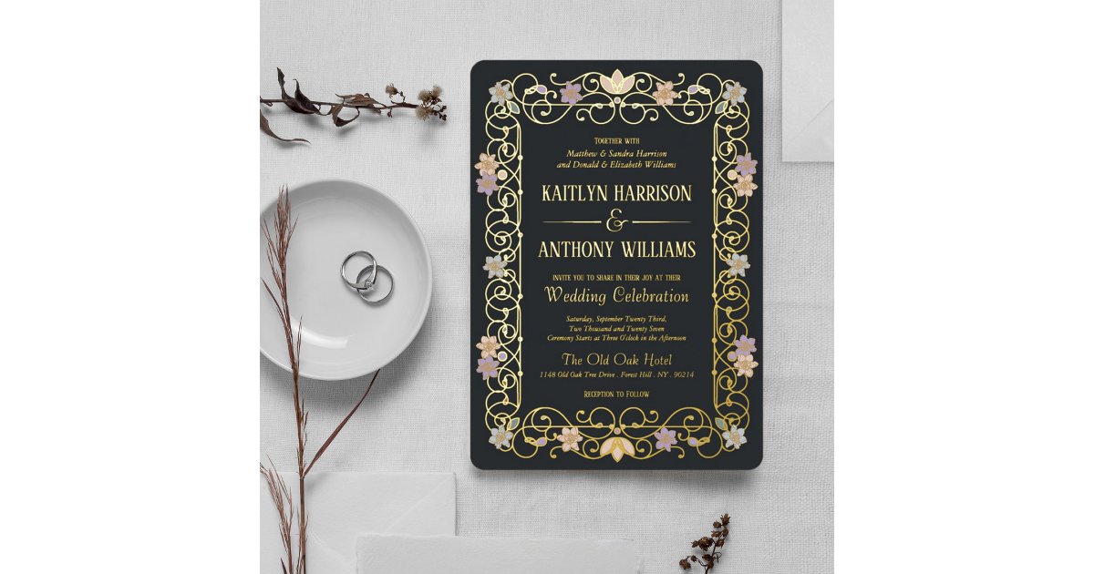 Rococo Revival Elegant Vintage Floral Wedding Foil Invitation | Zazzle