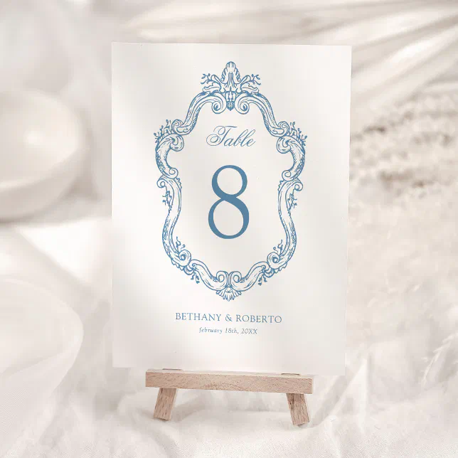 Rococo Vintage Blue Wedding Table Number | Zazzle