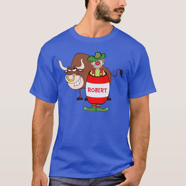 Rodeo Clown In Barrel And Bull Cartoon Personaliz T-Shirt | Zazzle