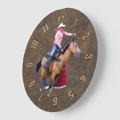 Rodeo Cowgirl Barrel-Racing Faux Leather Clock | Zazzle