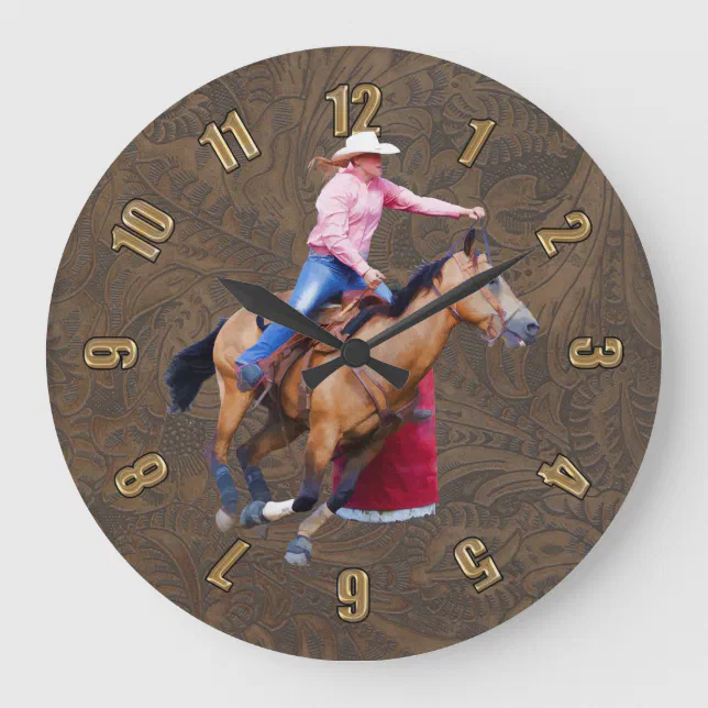 Rodeo Cowgirl Barrel-Racing Faux Leather Clock | Zazzle