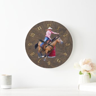Rodeo Cowgirl Barrel-Racing Faux Leather Clock | Zazzle
