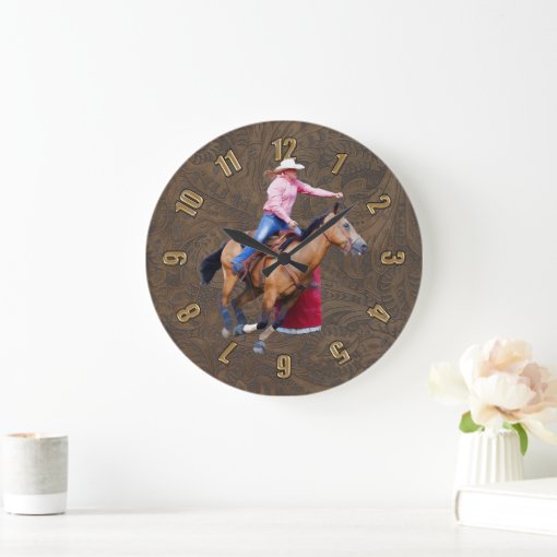 Rodeo Cowgirl Barrel-Racing Faux Leather Clock | Zazzle