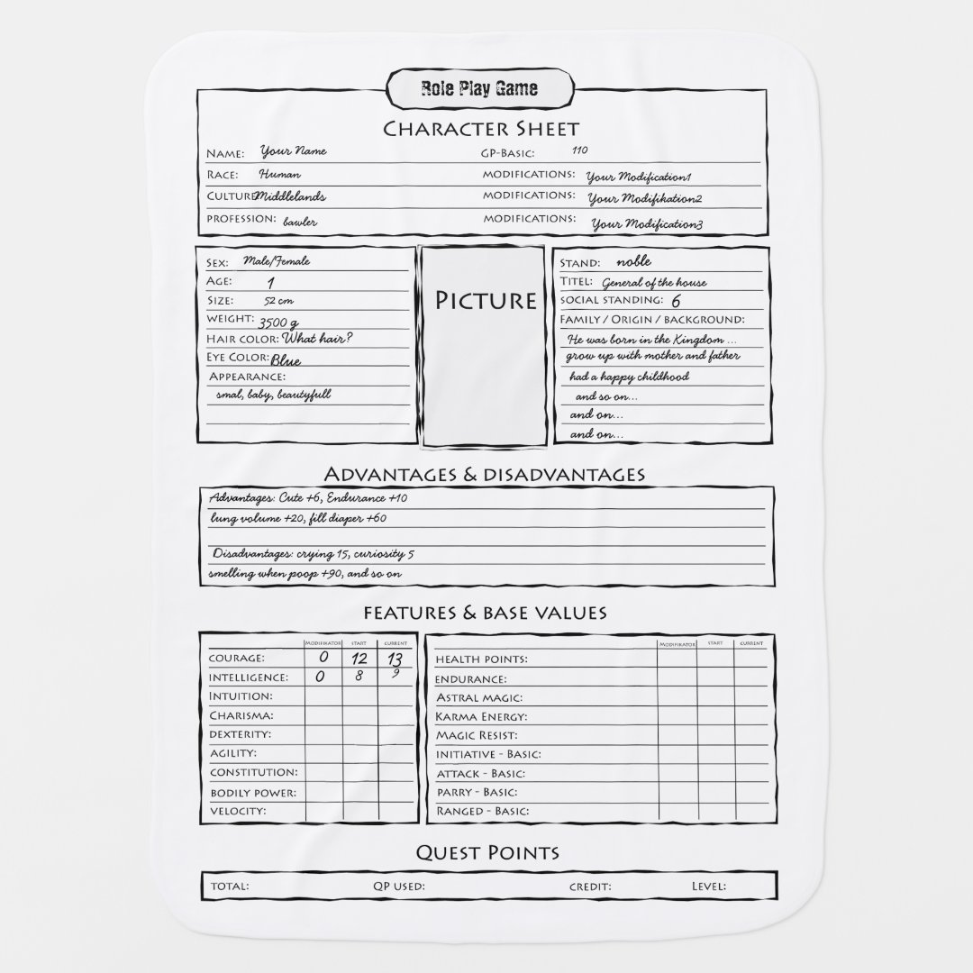 Role play game character sheet swaddle blanket | Zazzle