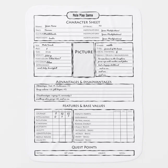 Role play game character sheet swaddle blanket | Zazzle